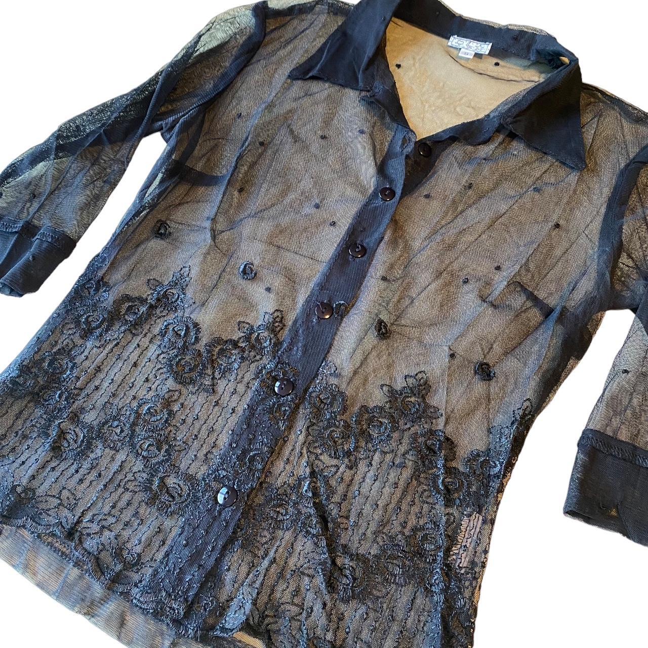 Black mesh shear embroidered button up top with... - Depop