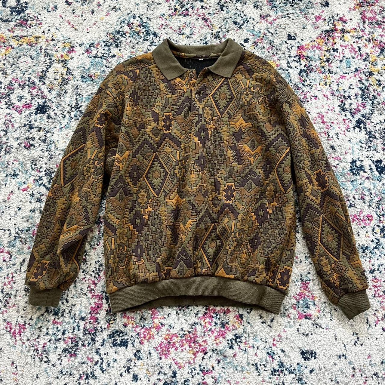 vintage Japanese long sleeve polo crazy design... - Depop