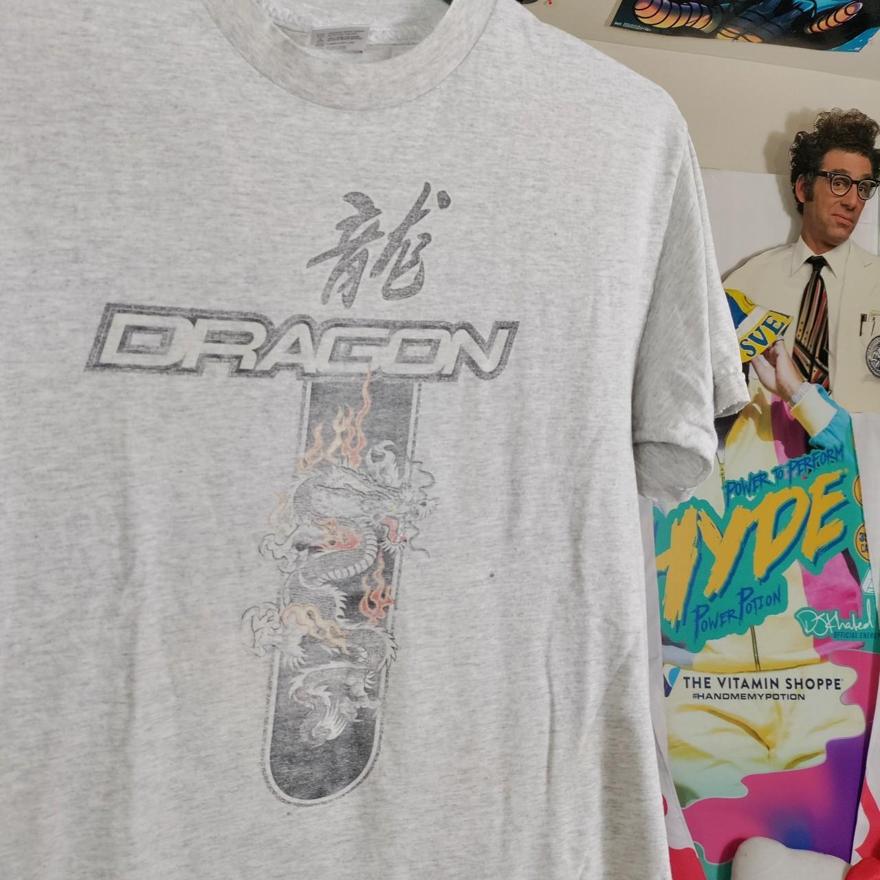 Y2K dragon shirt Distressed pit holes etc Size... - Depop