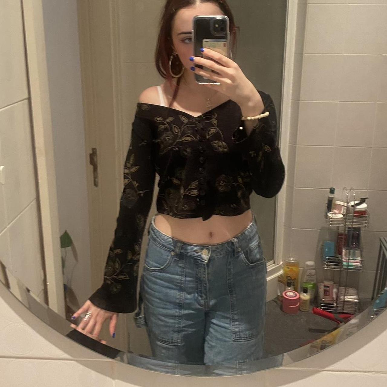 vintage flare bell sleeve black gold floral top long... | Depop