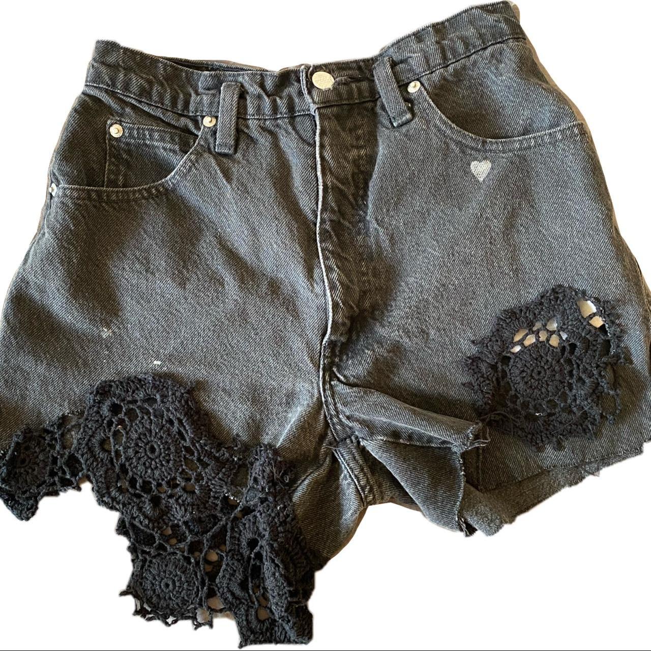 Crochet patched denim jean shorts #jorts #crochet... - Depop