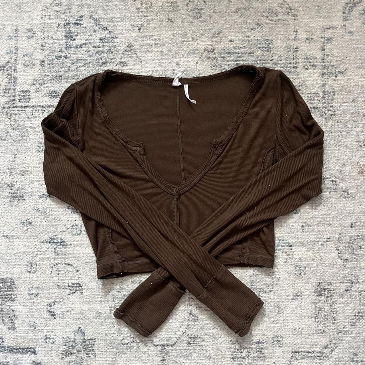 brown cropped notch neck urban long sleeve tee, size... - Depop