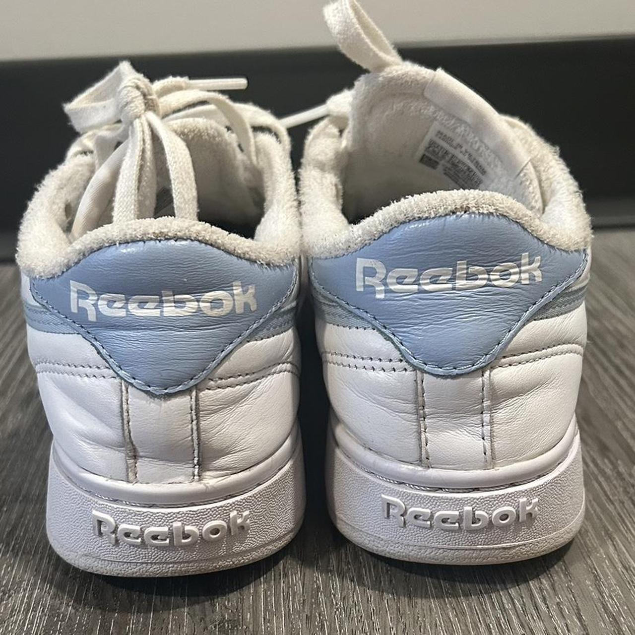 White reebok classics with light blue details Good... - Depop