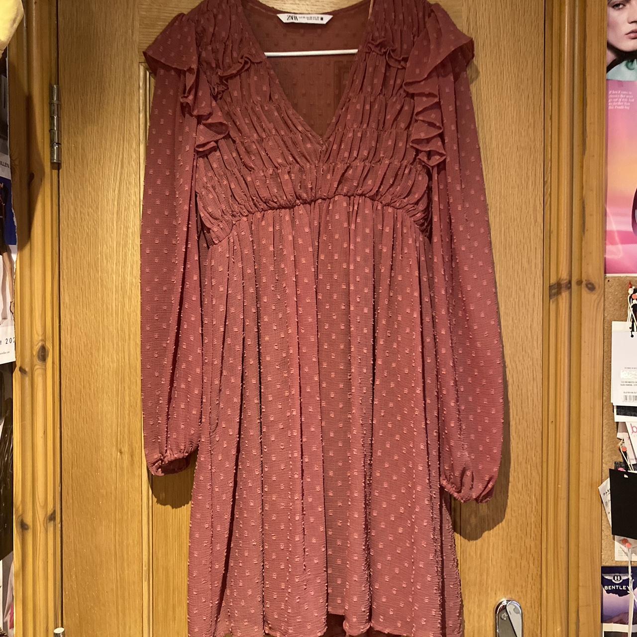 Pink knee length Zara dress with ruffles and... - Depop