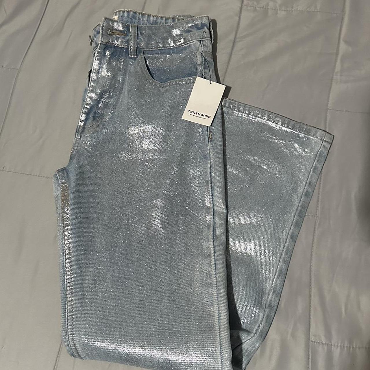 Metallic/Silver straight leg, mid-waist jeans. They... - Depop
