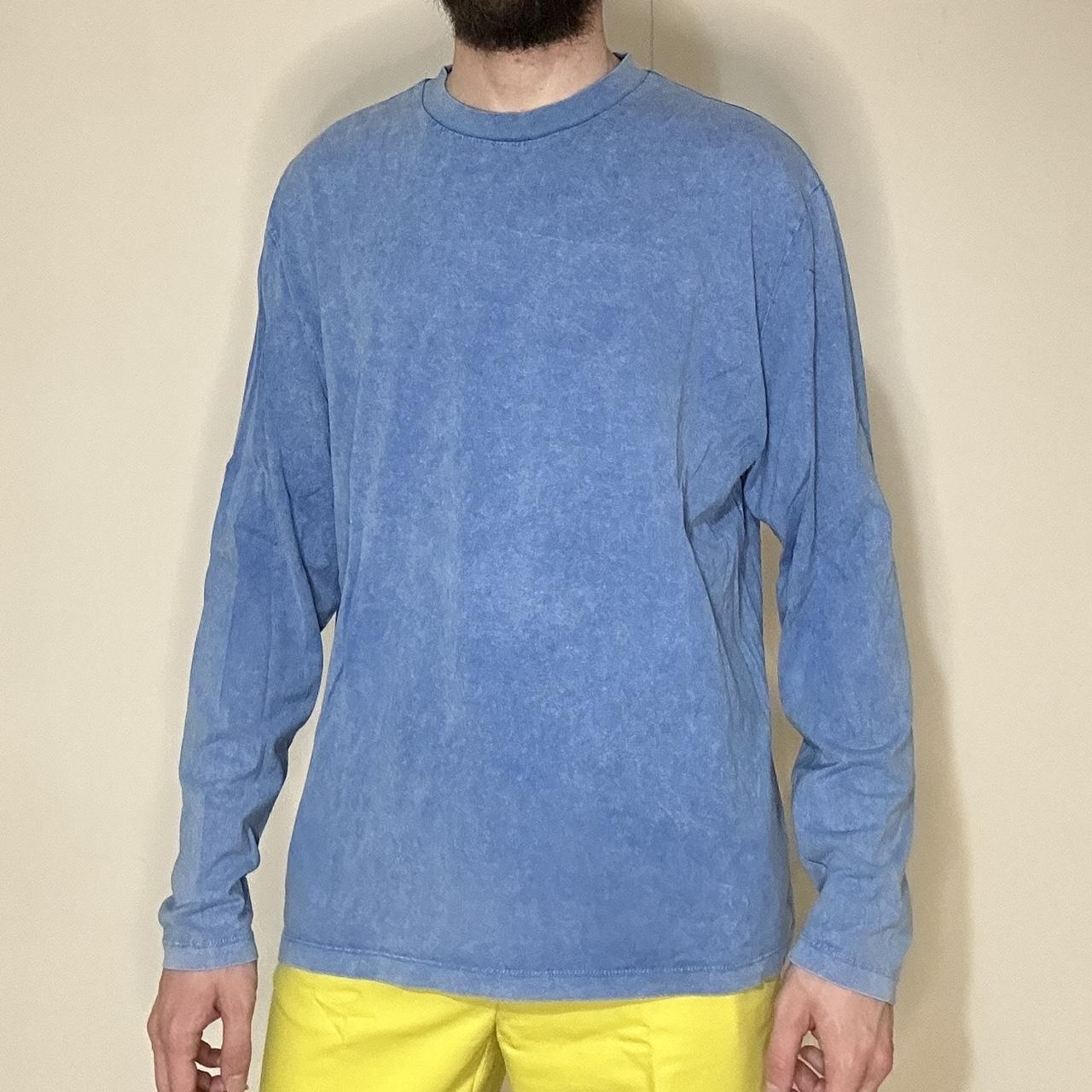 acid wash long sleeve blue tshirt. loose fit tee in... - Depop