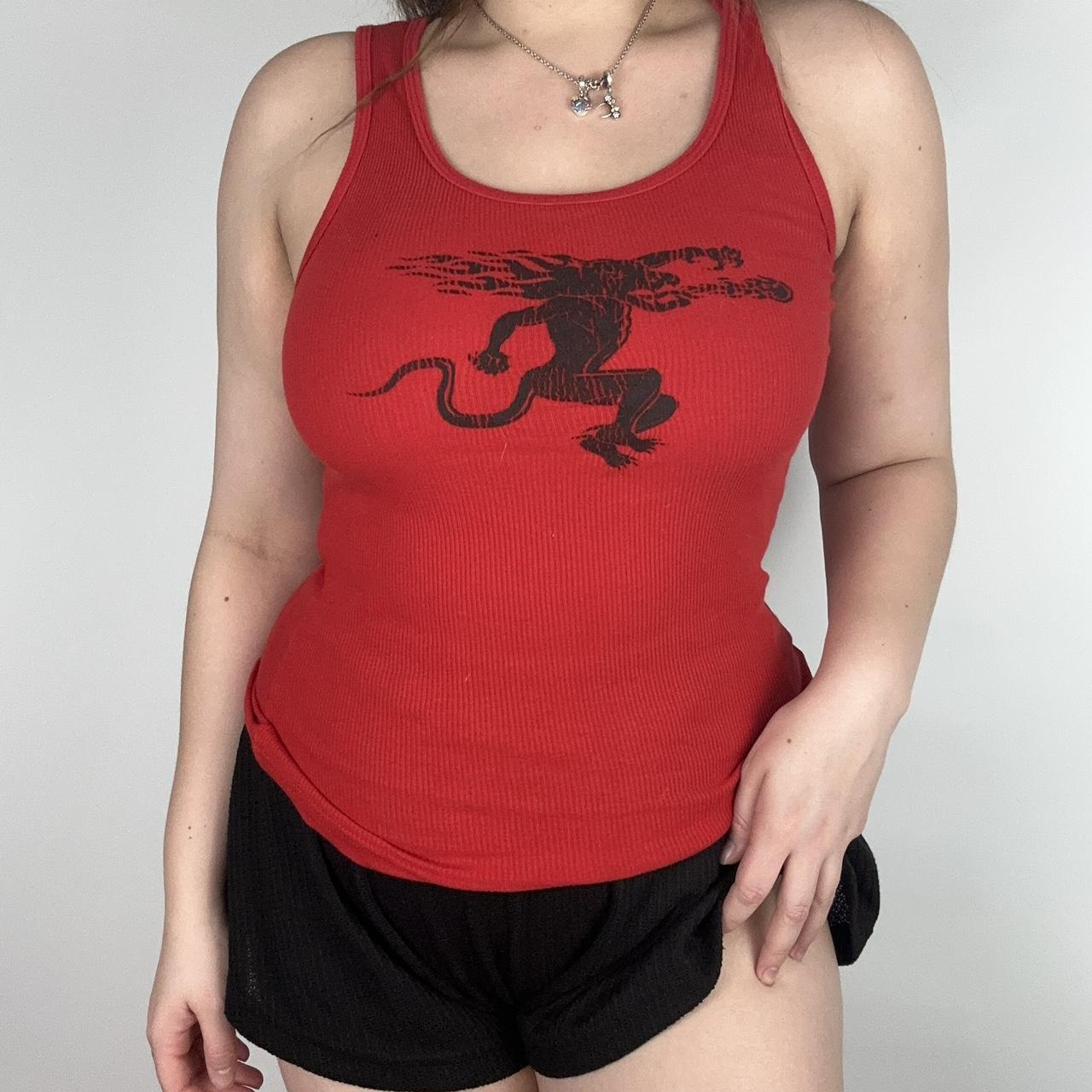 Y2K red ribbed skin tight fireball tank. In good... - Depop