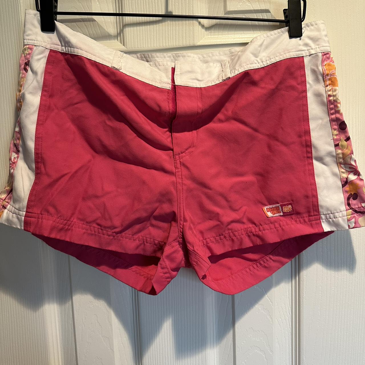 Y2K pink and white shorts with floral trim and... | Depop