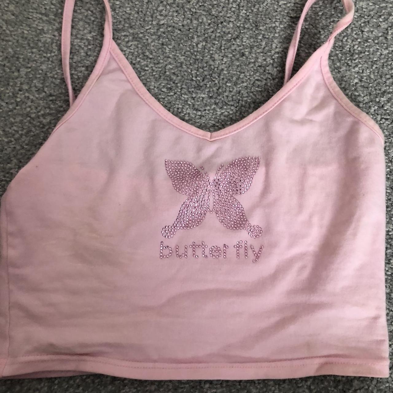 Pink diamonte butterfly top So cute and girly! - Depop