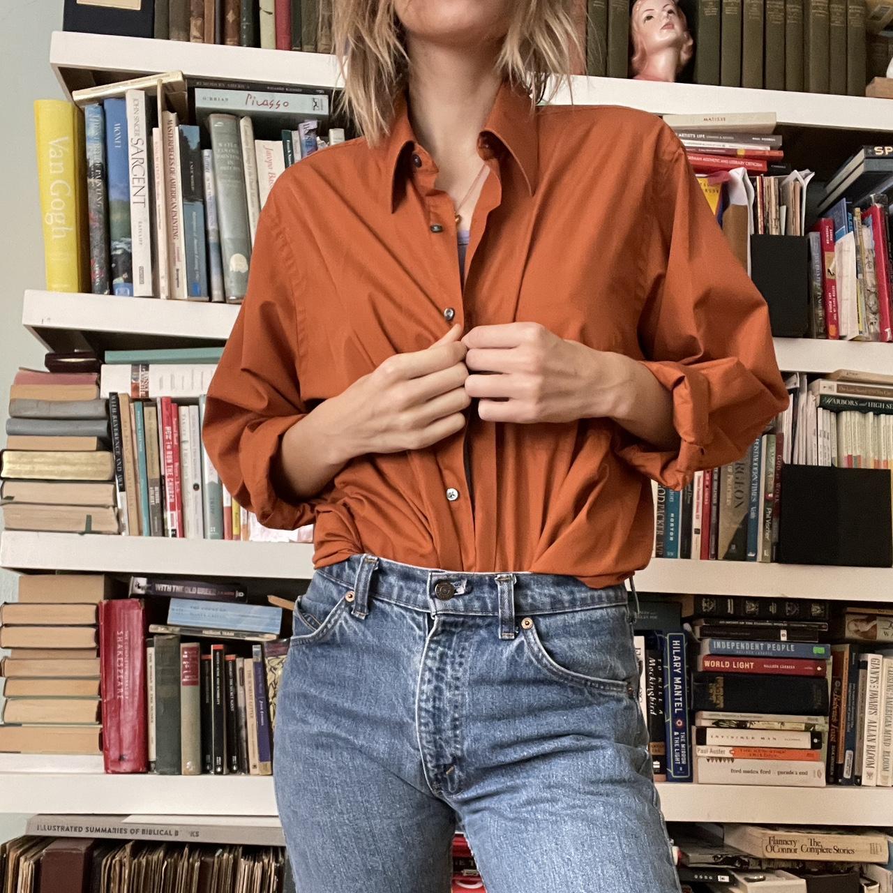 Pumpkin colored poplin blend button up. Fits like a... - Depop