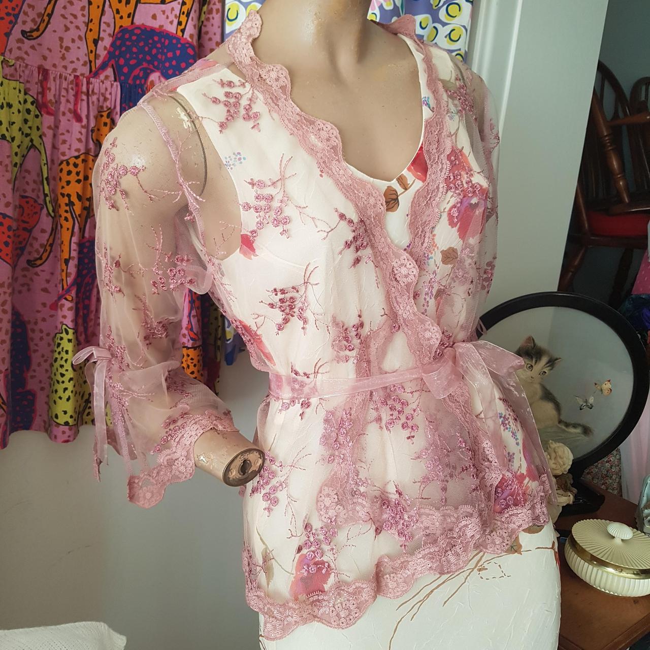 Sheer Floral Netting L/S Over Top Open Front with... - Depop