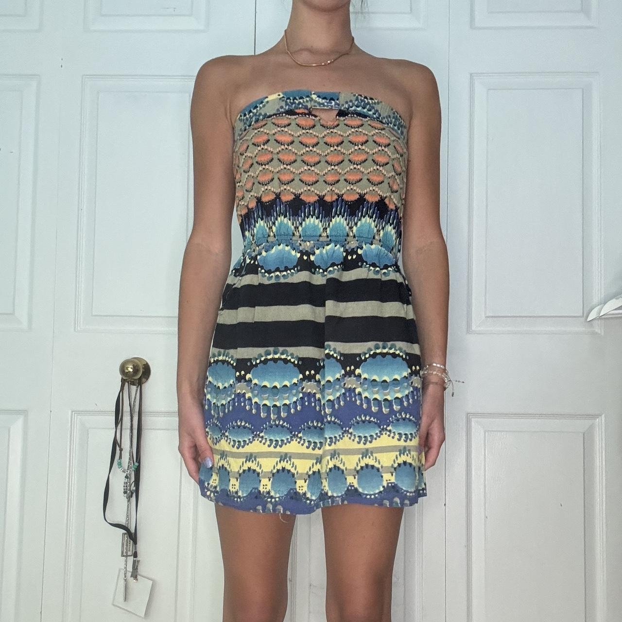 Angie strapless multi-colored dress with pockets... | Depop