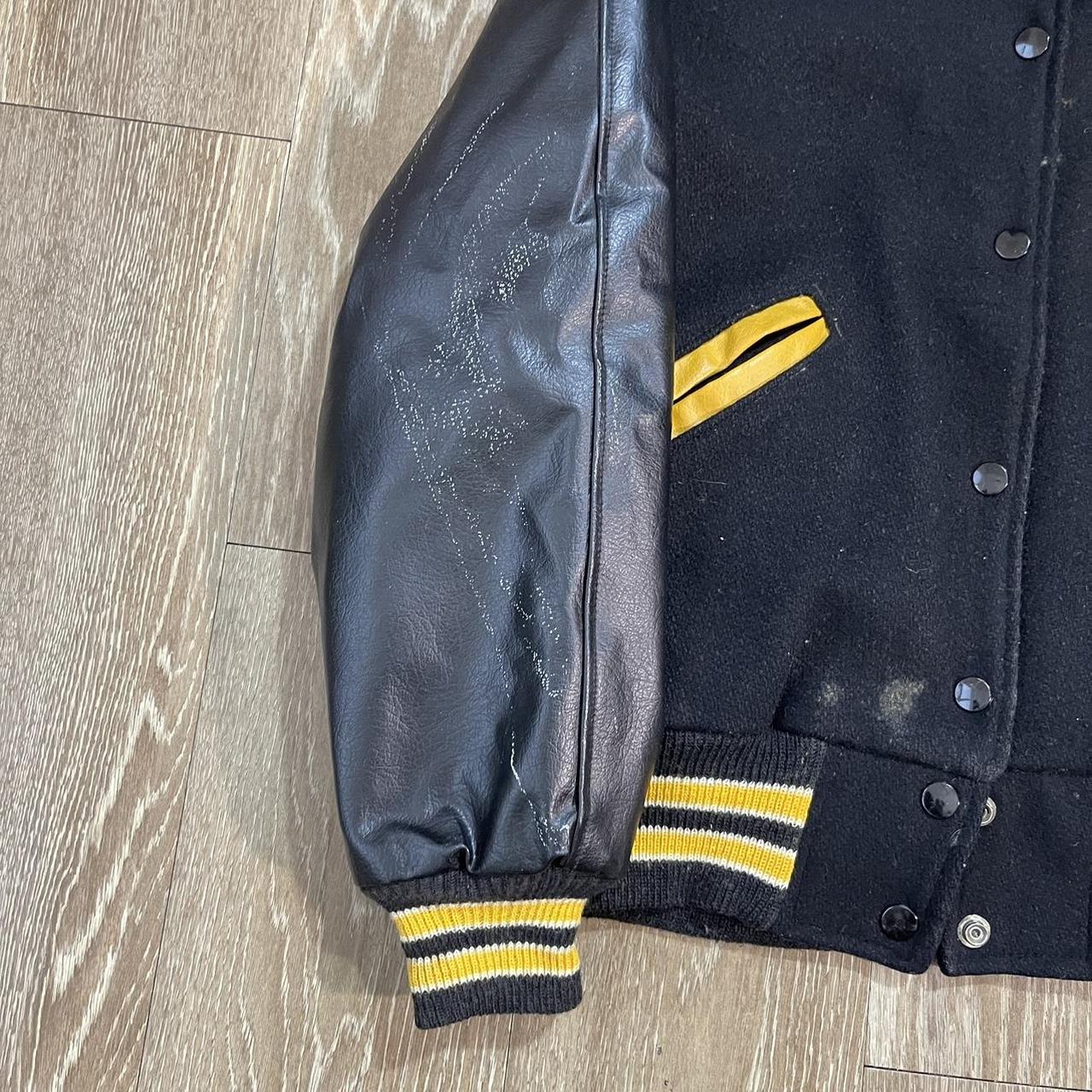 Vintage 1980s Black/Yellow Varsity Letterman Jacket... - Depop