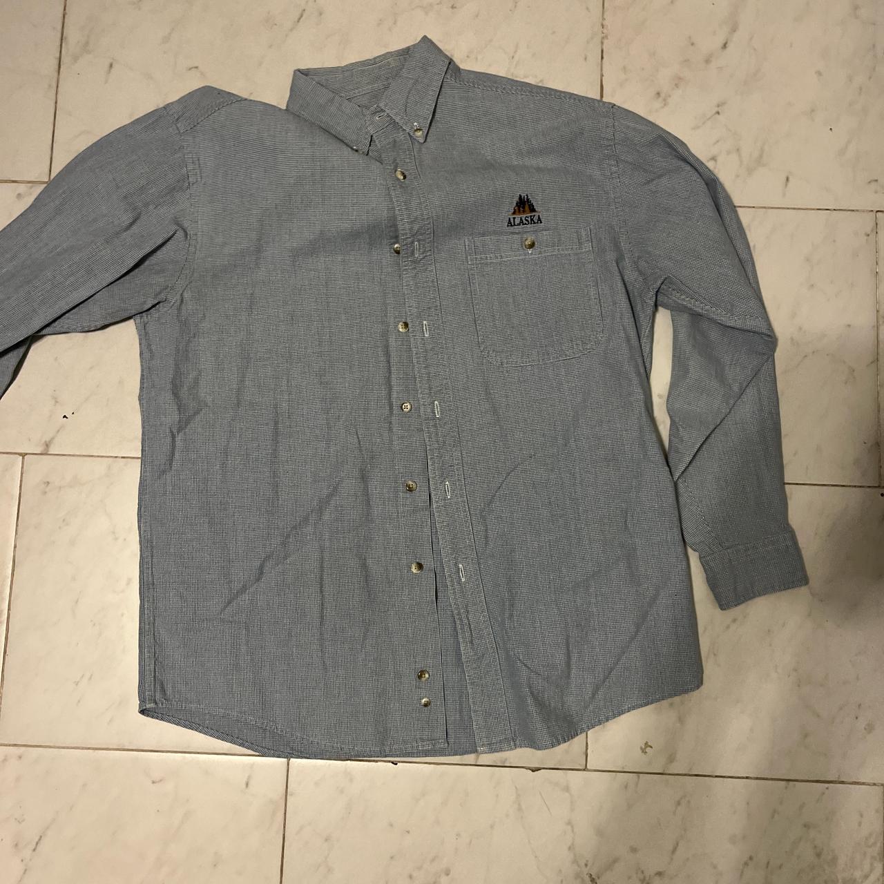 Blue and white button-up shirt with a relaxed fit... - Depop