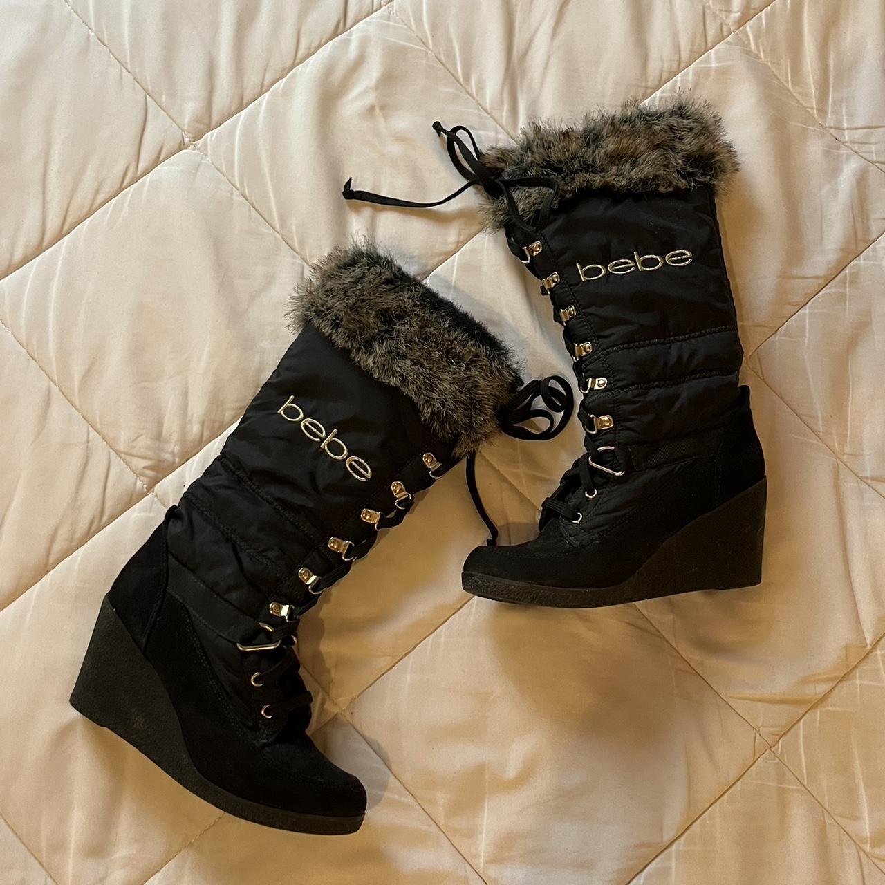 Black and gold lace up Bebe fur winter boots 🖤 I... - Depop