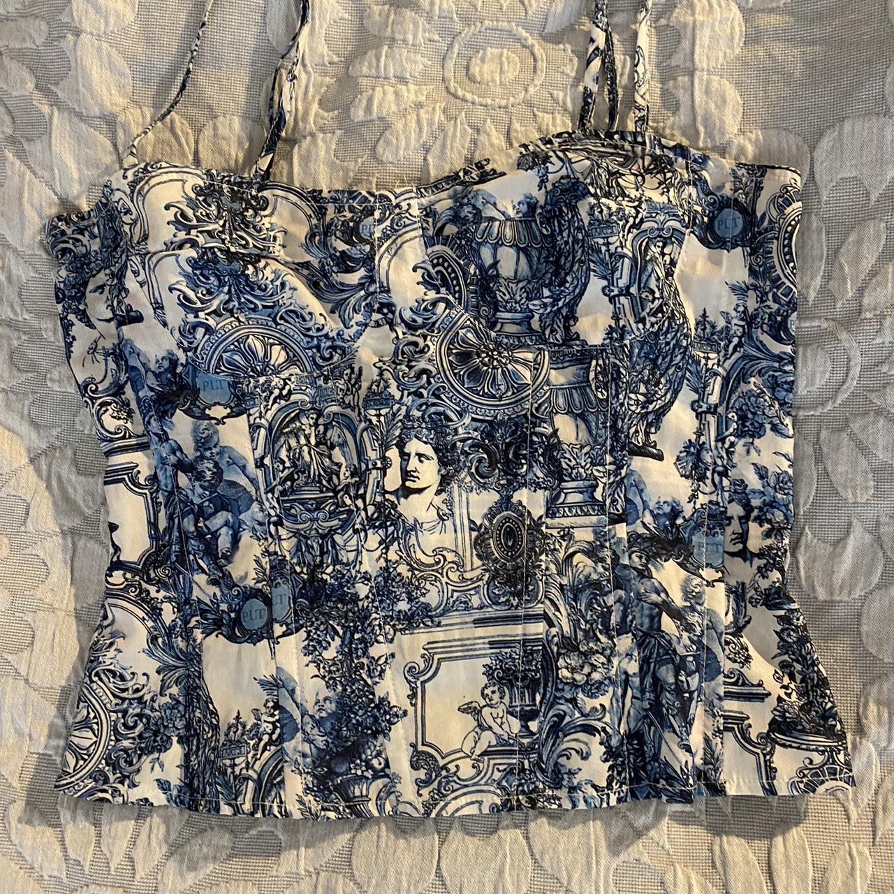Pretty Little thing blue and white corset top size... - Depop
