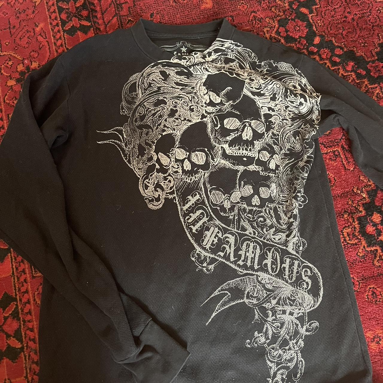 2000s Cyber Y2K skulls long sleeve shirt - black and... - Depop