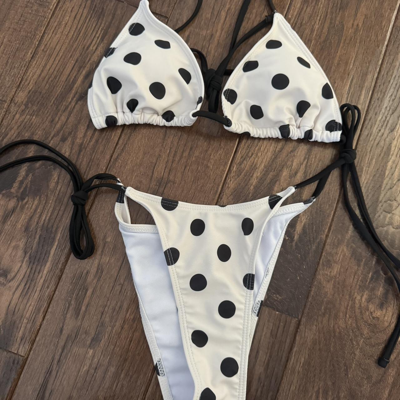polka dot bikini set black and white size... | Depop