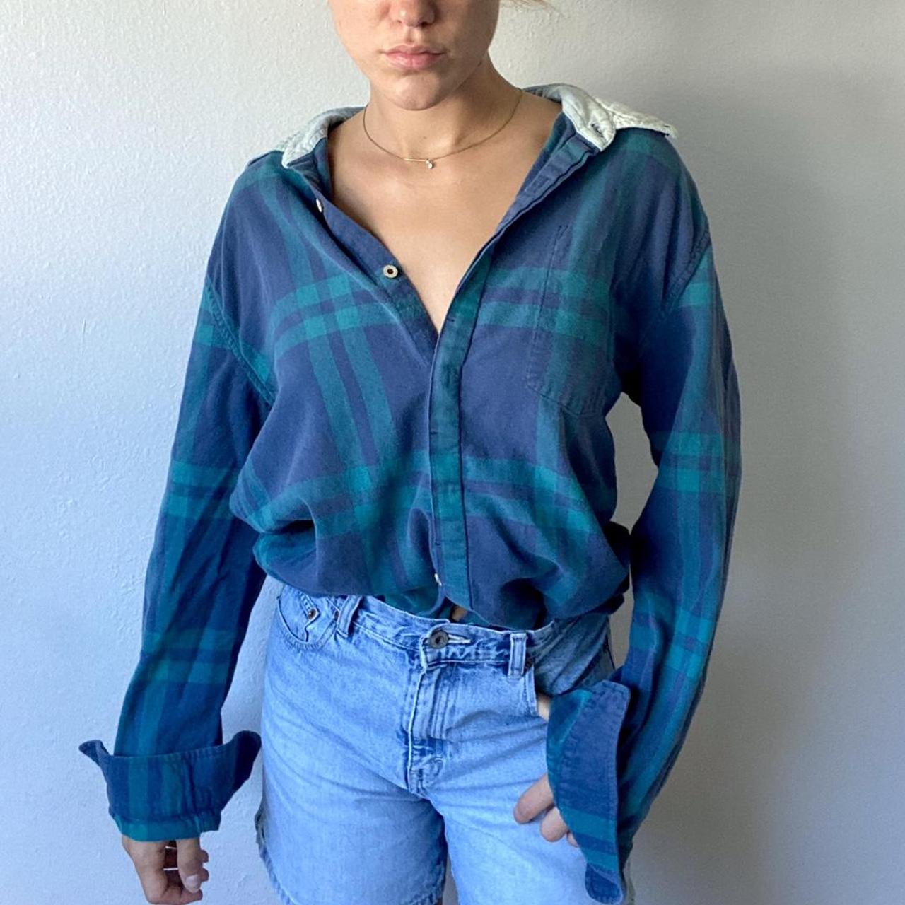 Insight - Navy Blue and Green Plaid Flannel Free... - Depop