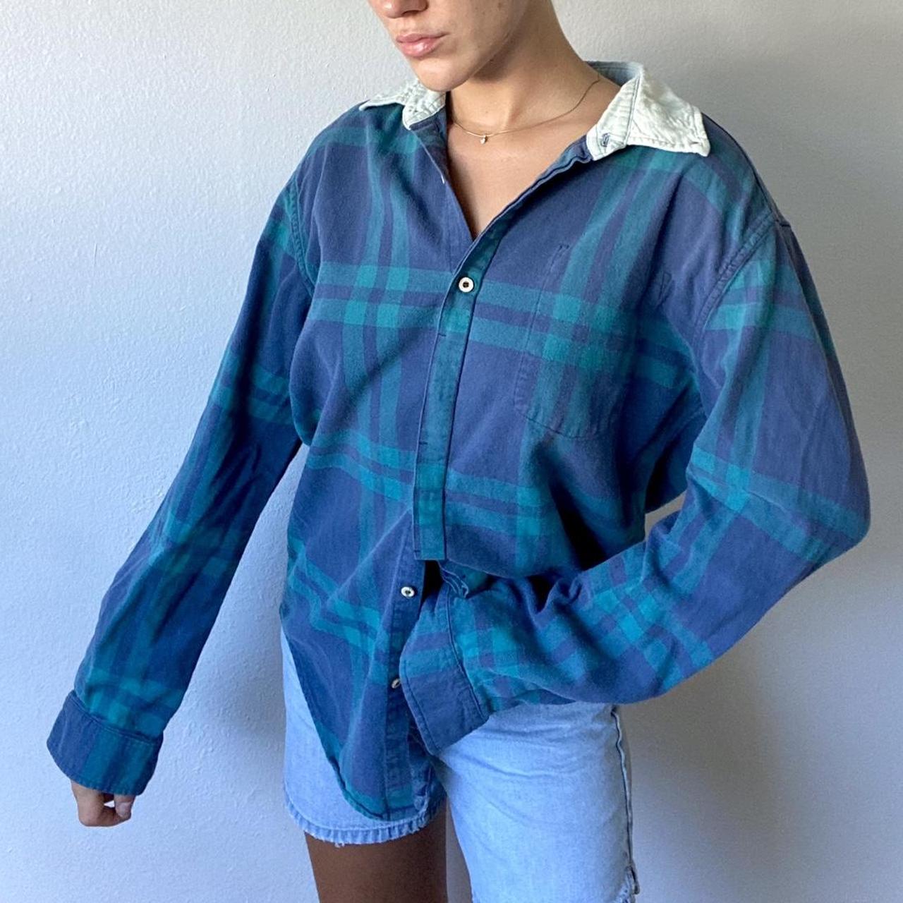 Insight - Navy Blue and Green Plaid Flannel Free... - Depop