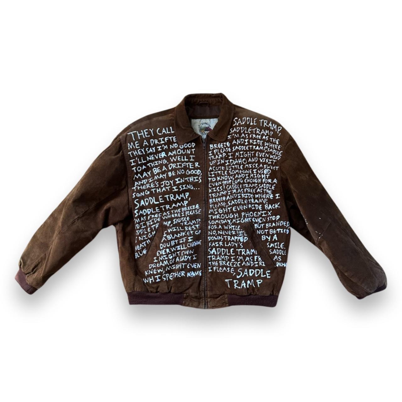 ‘SADDLE TRAMP’ hand painted on tanned leather jacket - Depop