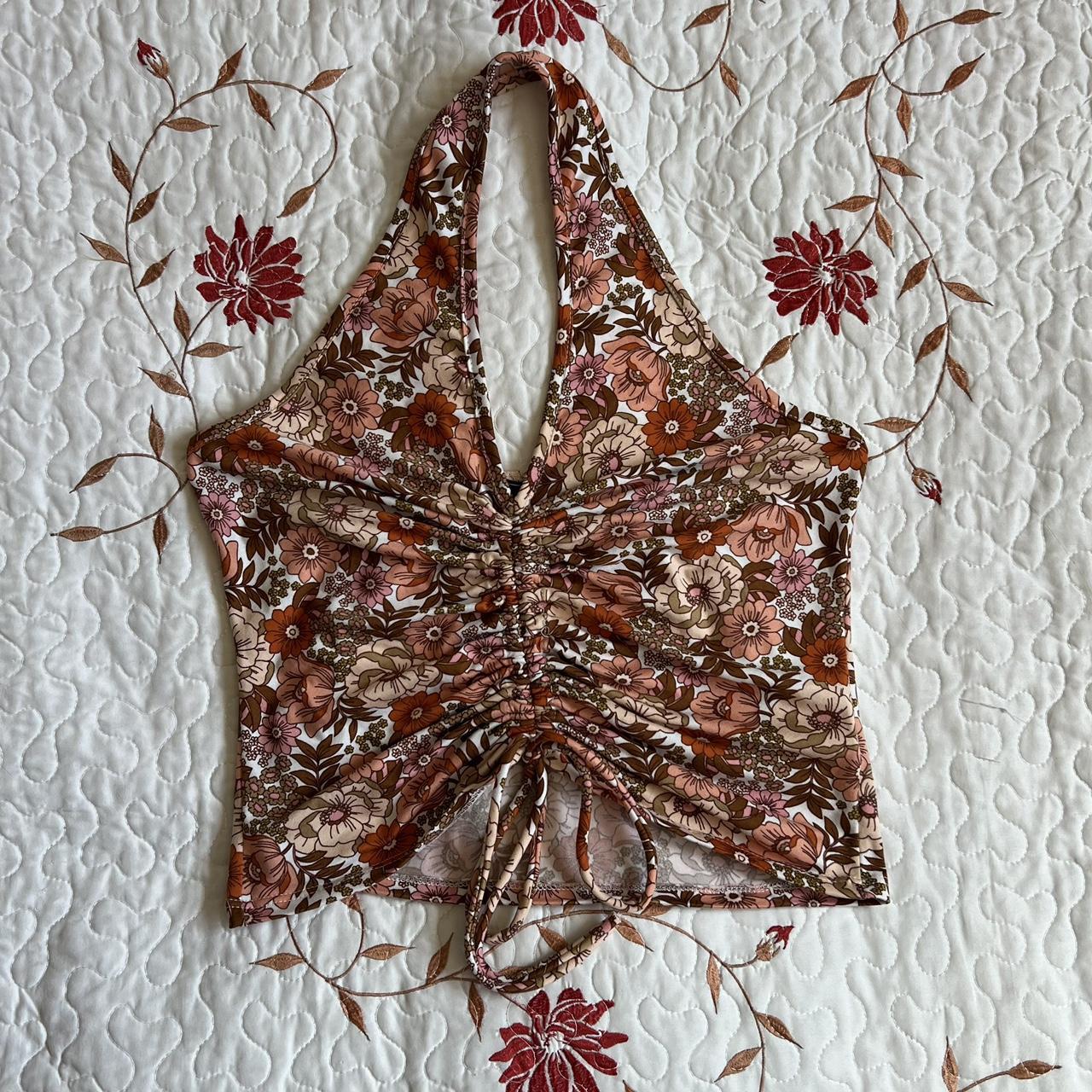 Floral scrunch halter top. Cropped and quite stretchy. - Depop