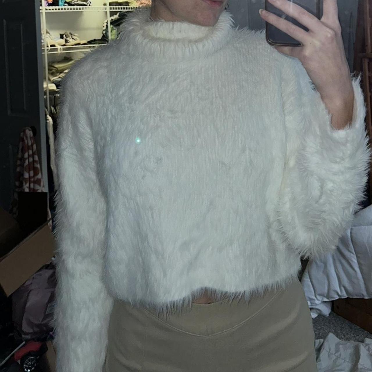 Cropped fuzzy white sweater. Turtle neck as well.... - Depop