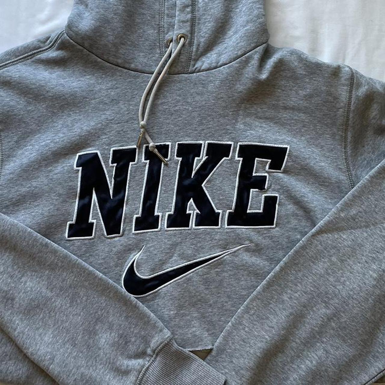 vintage grey tag nike cropped hoodie navy blue satin... - Depop