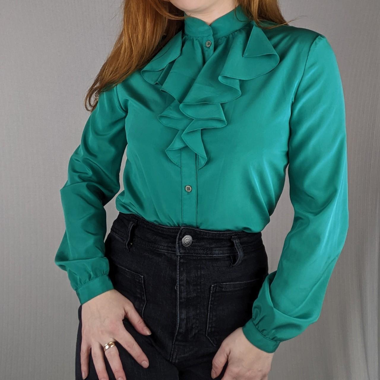 Vintage bright teal ruffle shirt Not silk but very... - Depop