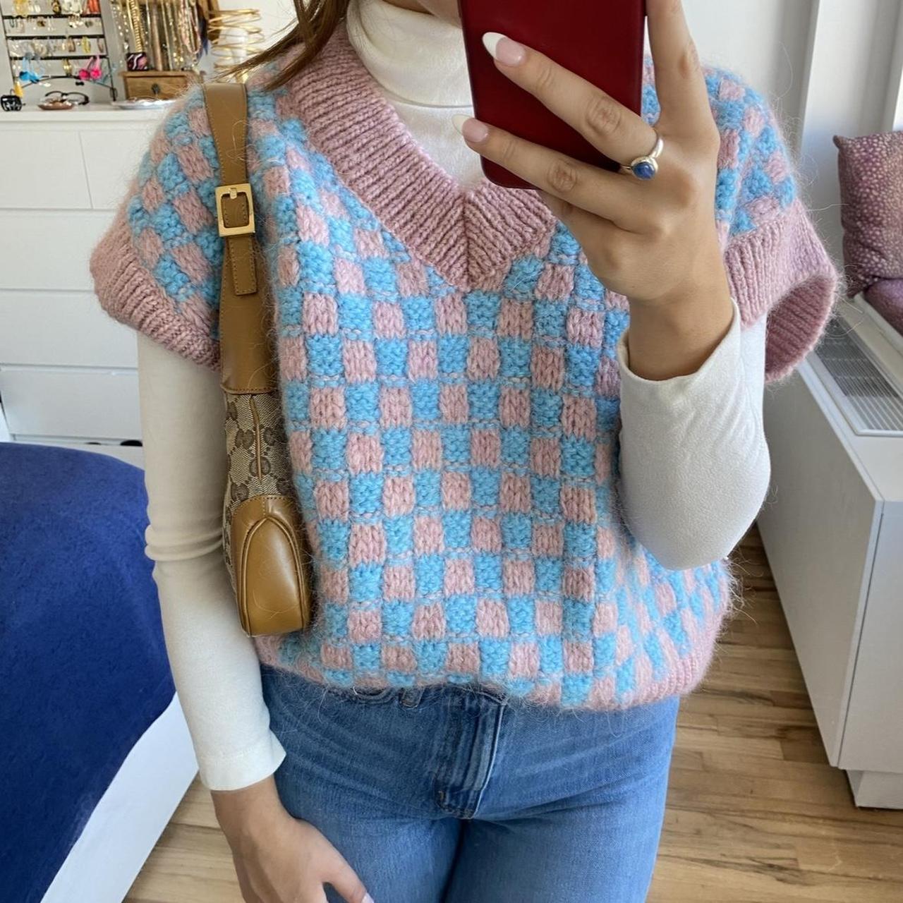 Zara checkered sweater vest •pink and blue v neck... - Depop