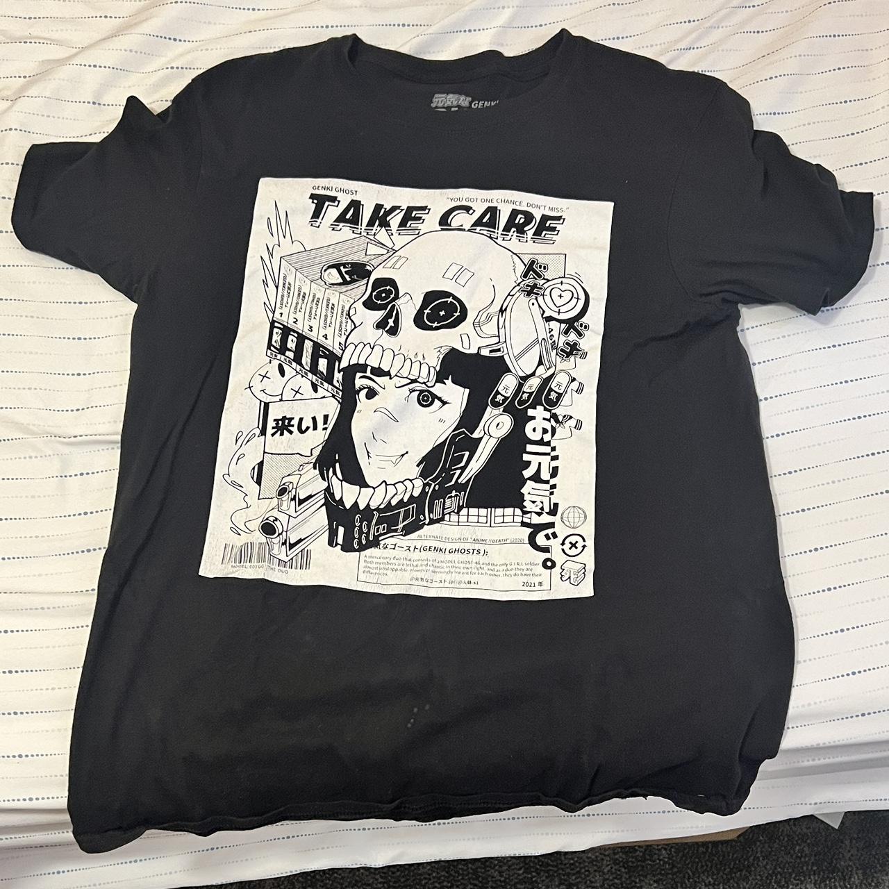 medium genki ghost black and white short sleeve... | Depop