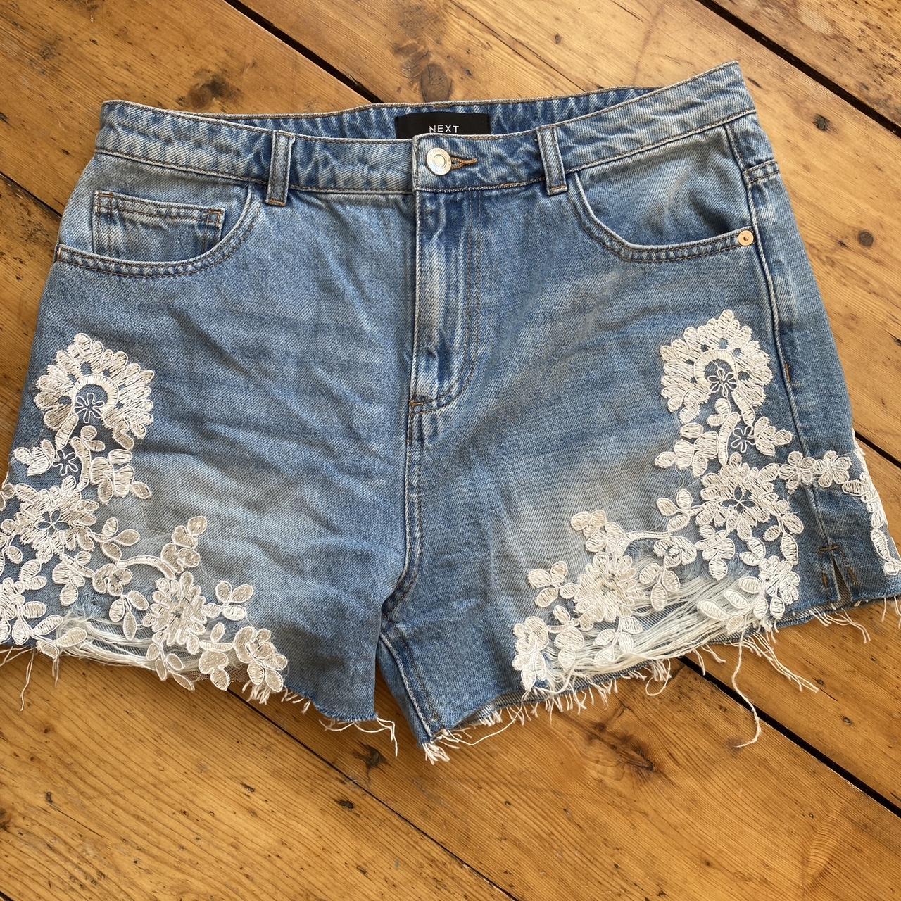 Next blue denim embroidered shorts Really soft... - Depop