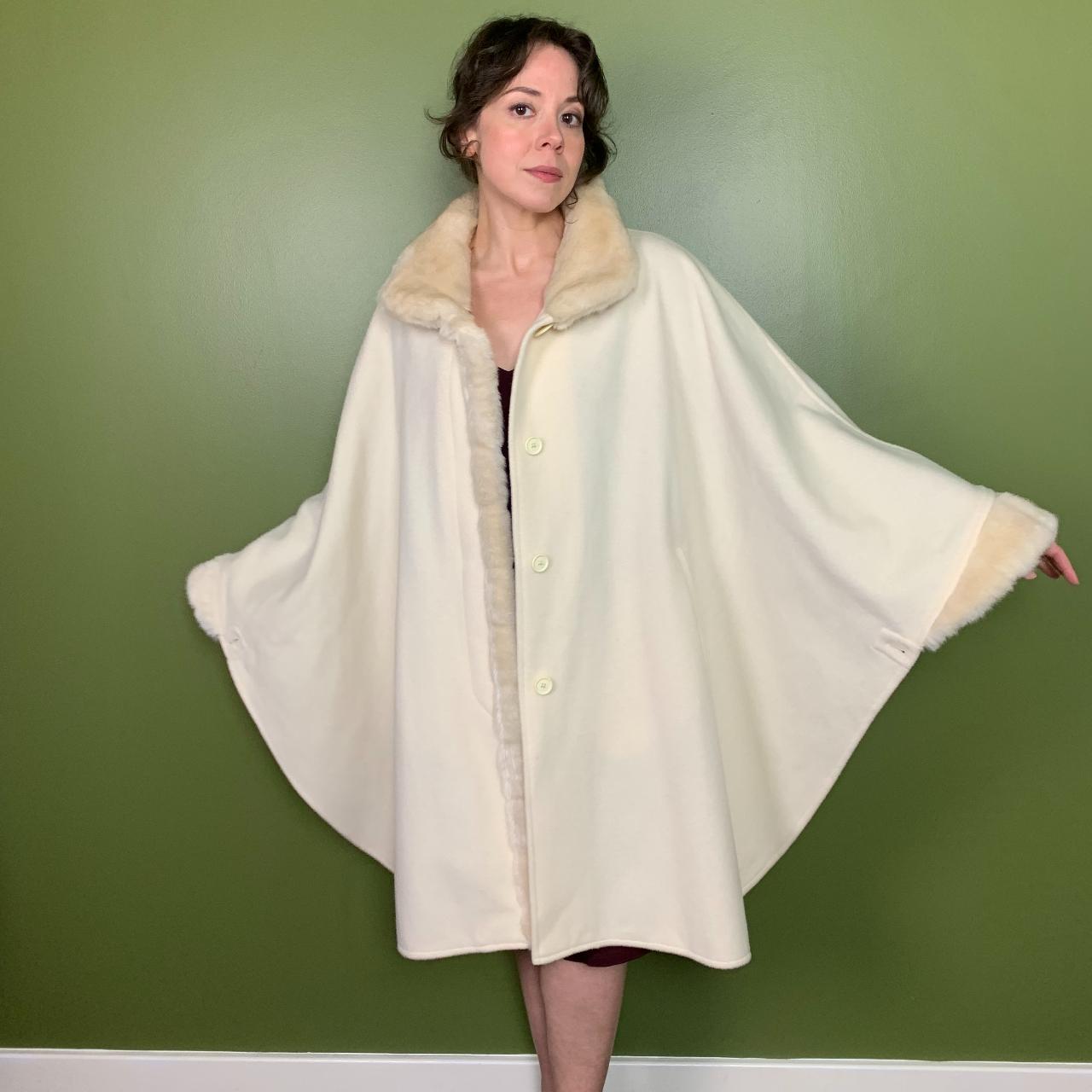 Vintage Y2K Wool and Faux Fur Trim Cape Coat - One... - Depop