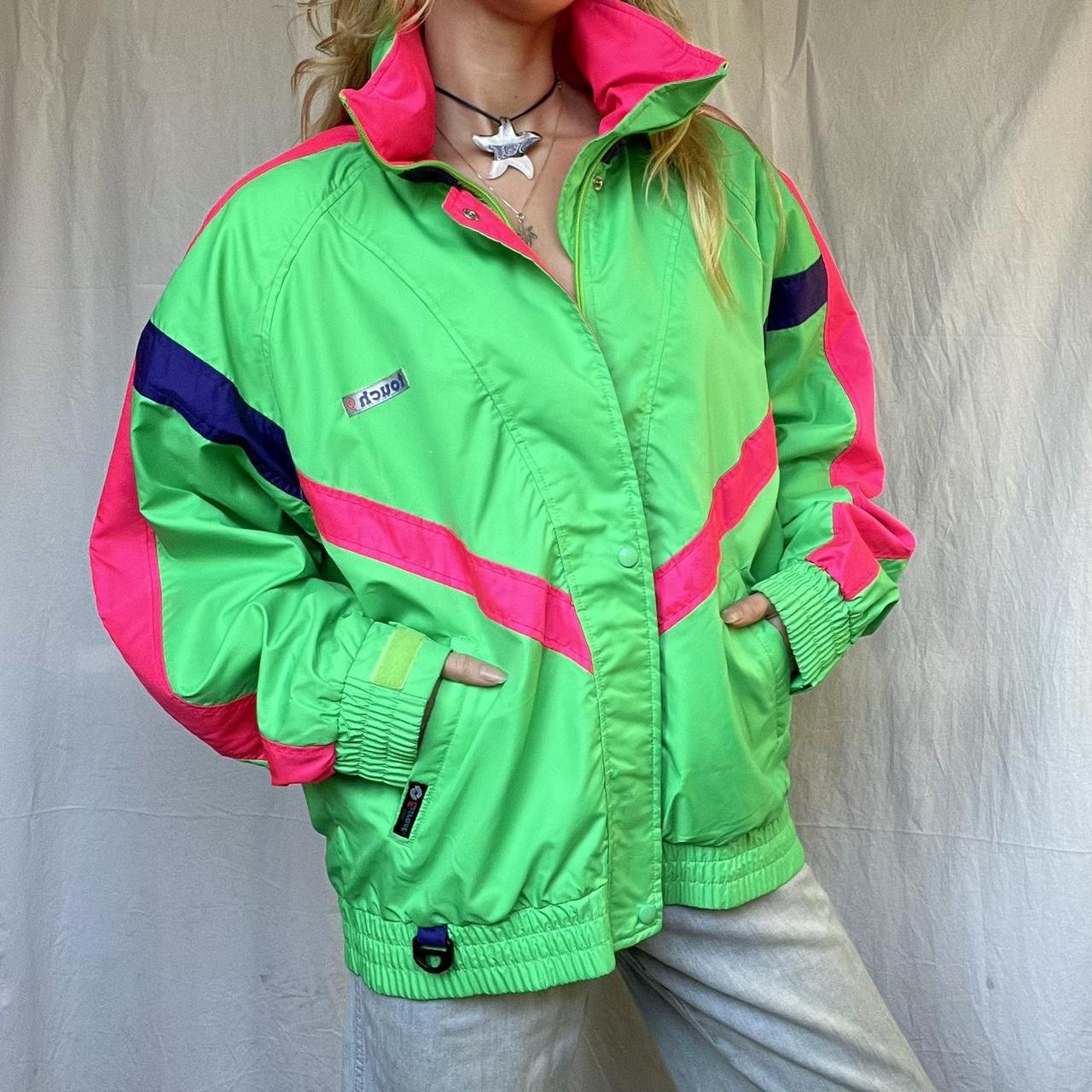 Vintage 80s retro bright neon green ski jacket Size... - Depop