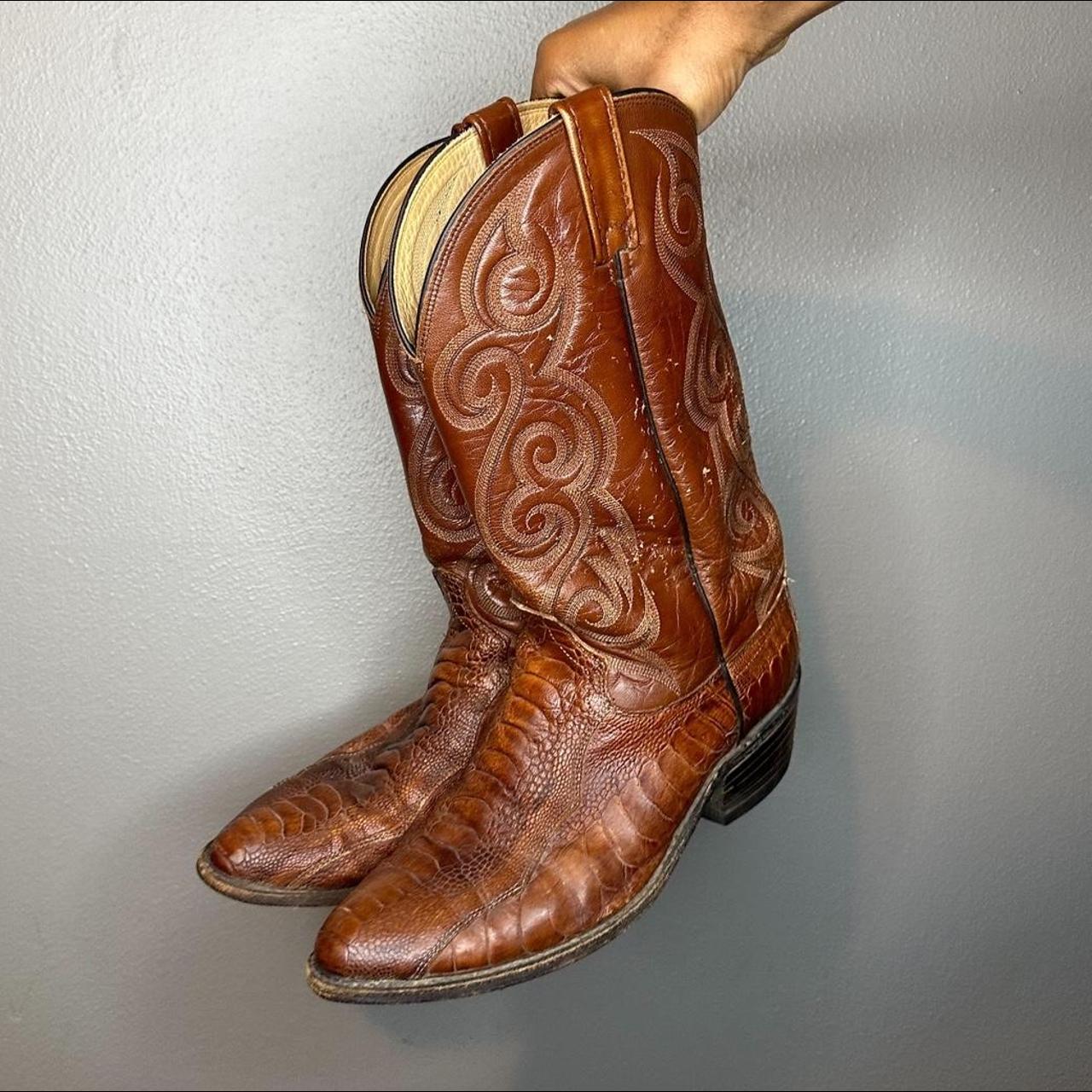 brown vintage dan post cowboy boots size: 11 women... - Depop