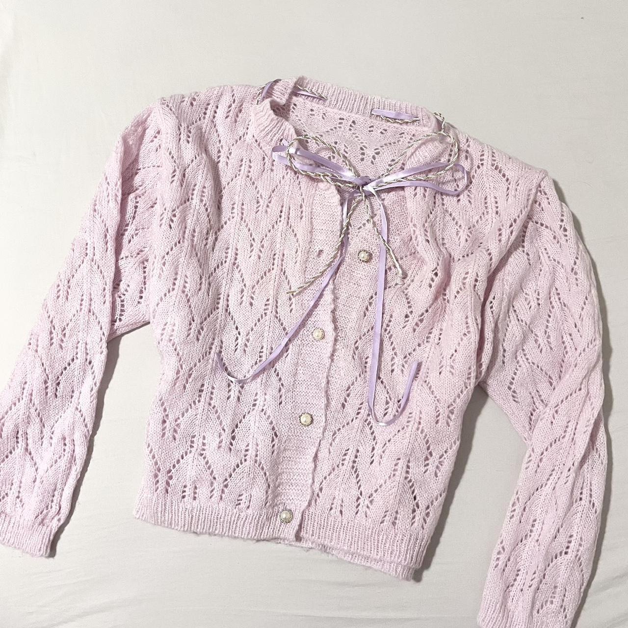 coquette ribbon hollow knit cardigan • one size,... - Depop