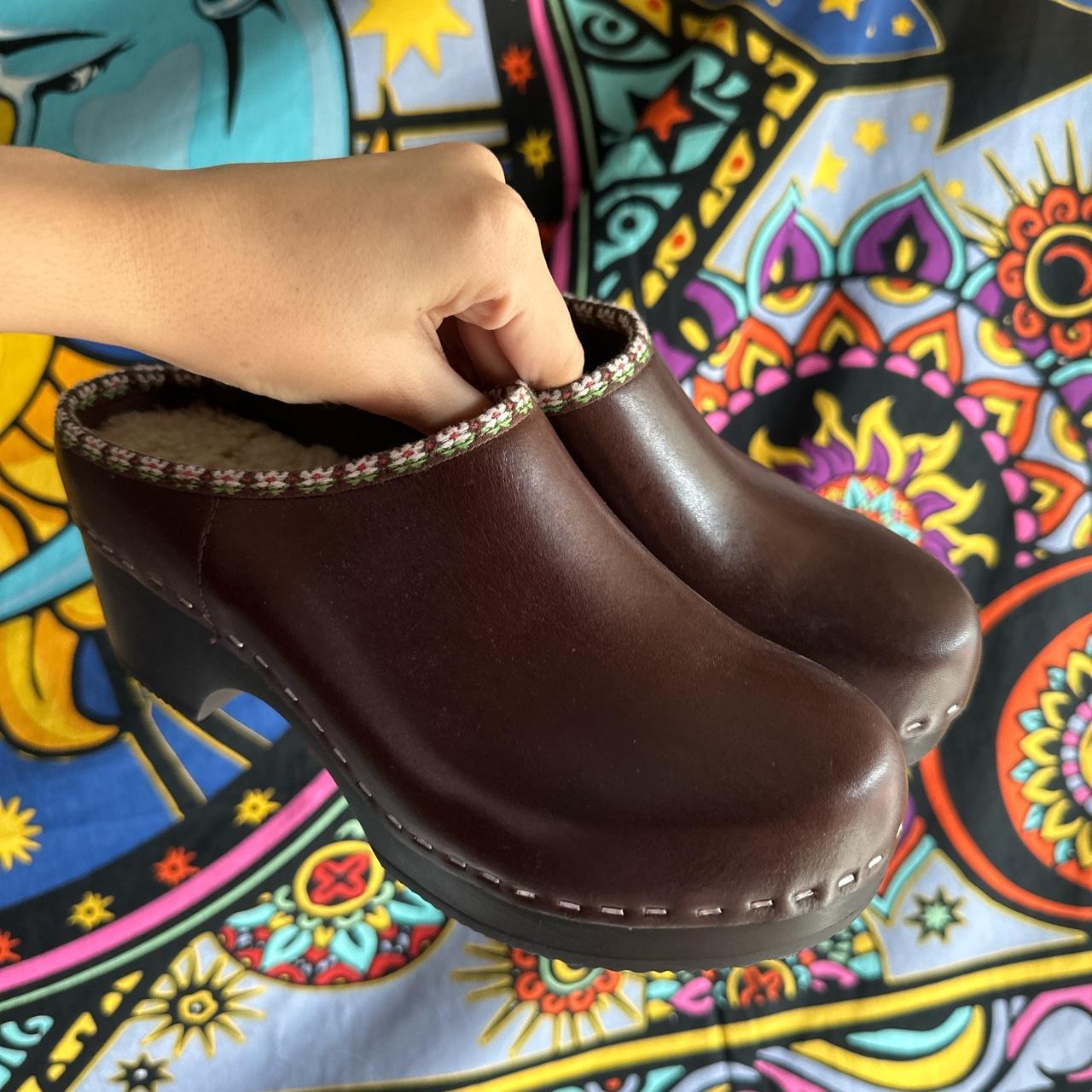Boho Loeffler Randall brown clogs with floral trim... - Depop