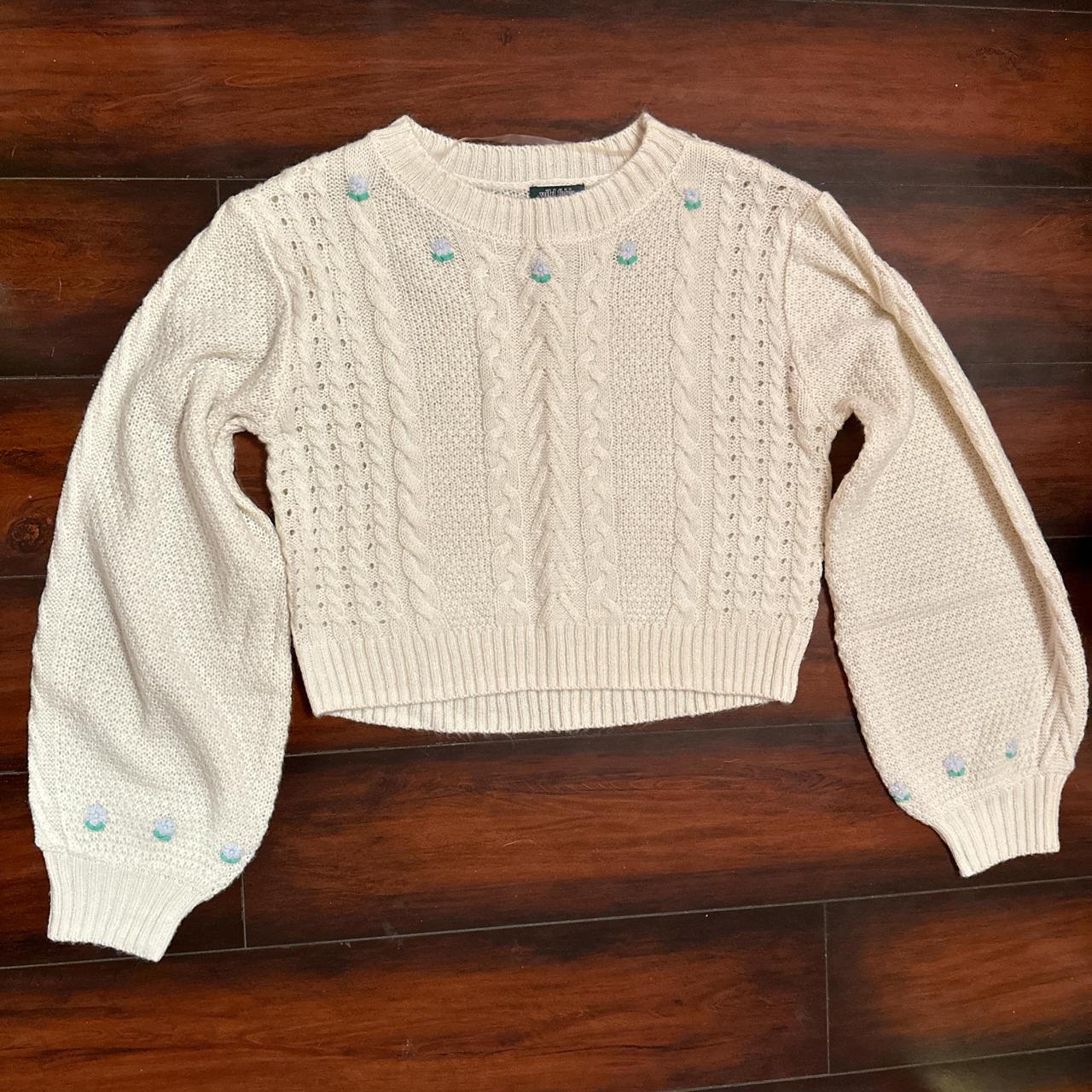 Cottagecore cropped knit sweater with floral embroidery - Depop