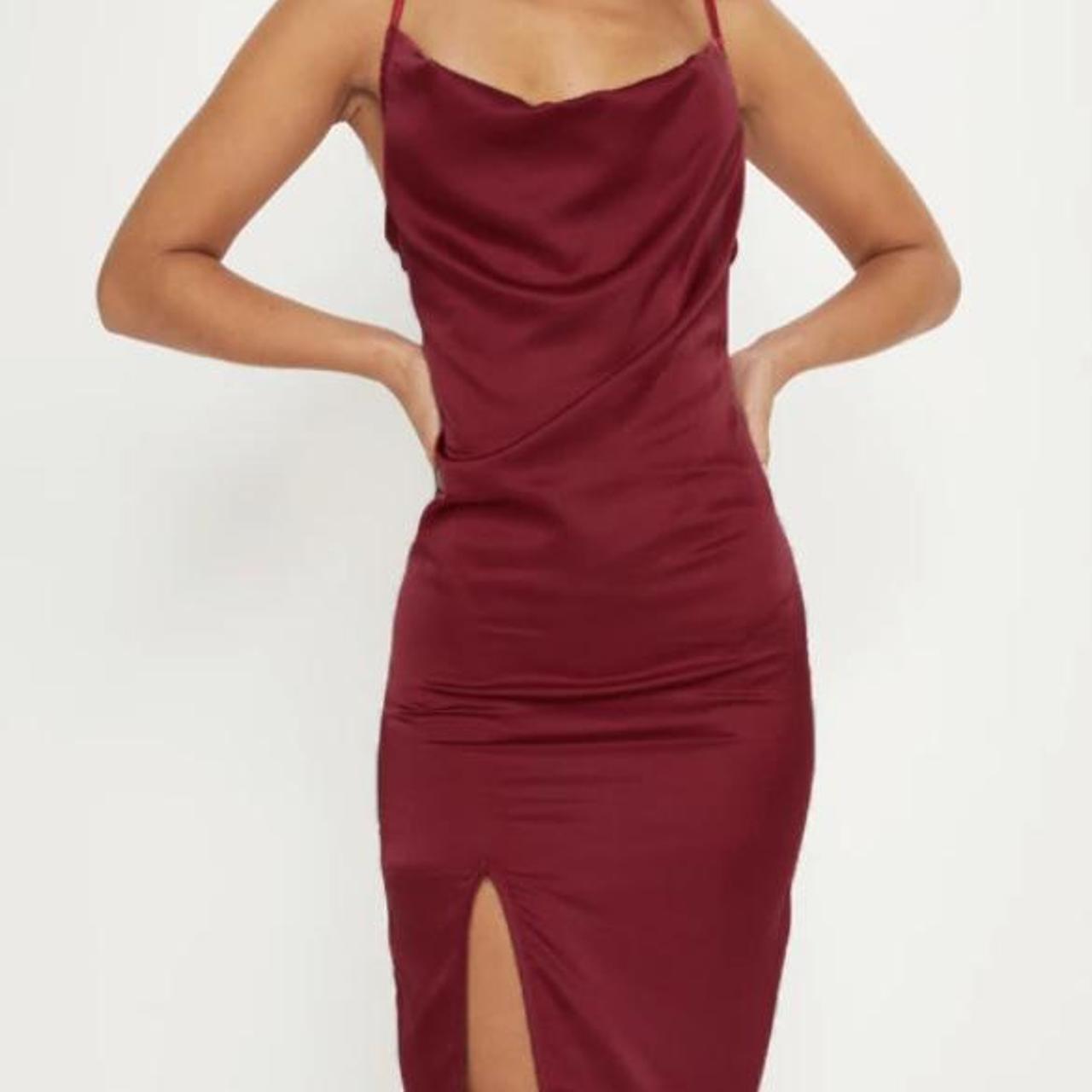 PrettyLittleThing Women's Burgundy Dress | Depop