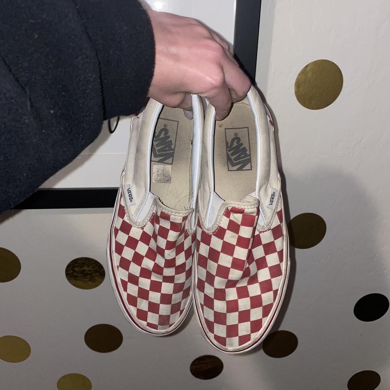 Red and white checkered vans slip ons Size 8... - Depop