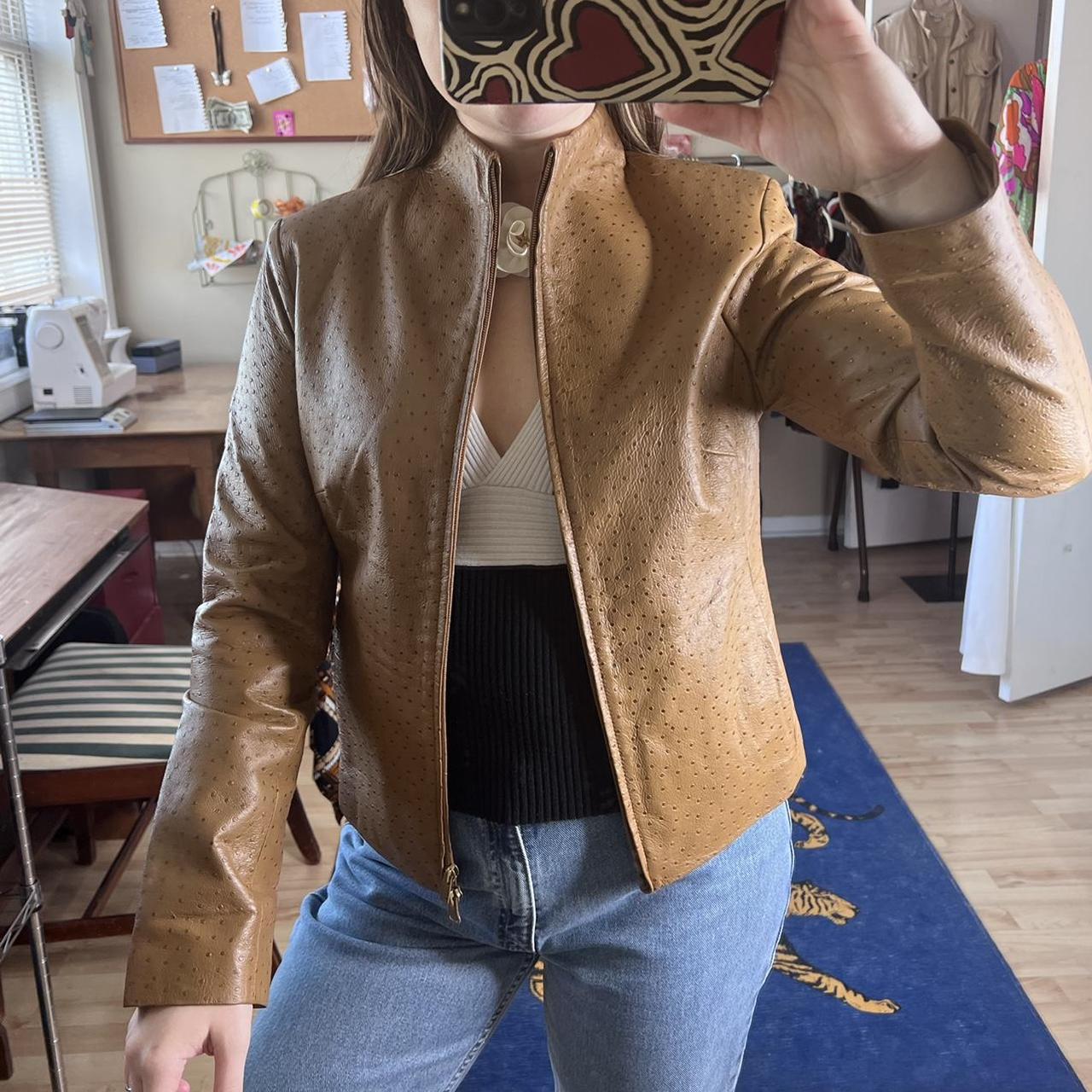 vintage leather turtleneck jacket adorable camel... - Depop