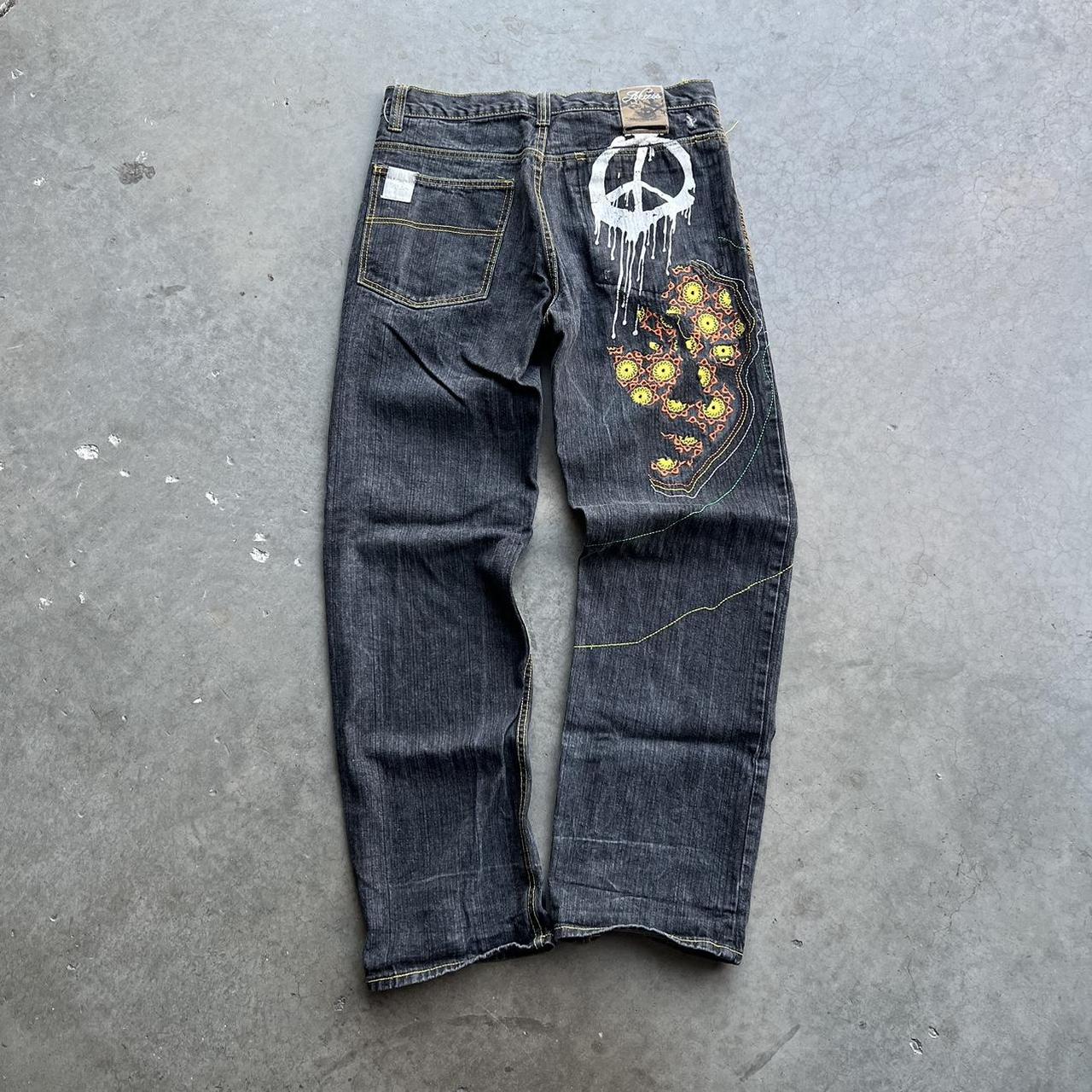 vintage akcess peace embroidered y2k jeans -... - Depop