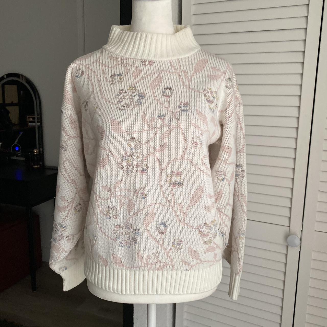 Vintage knit sweater Cream and pink floral sweater... | Depop