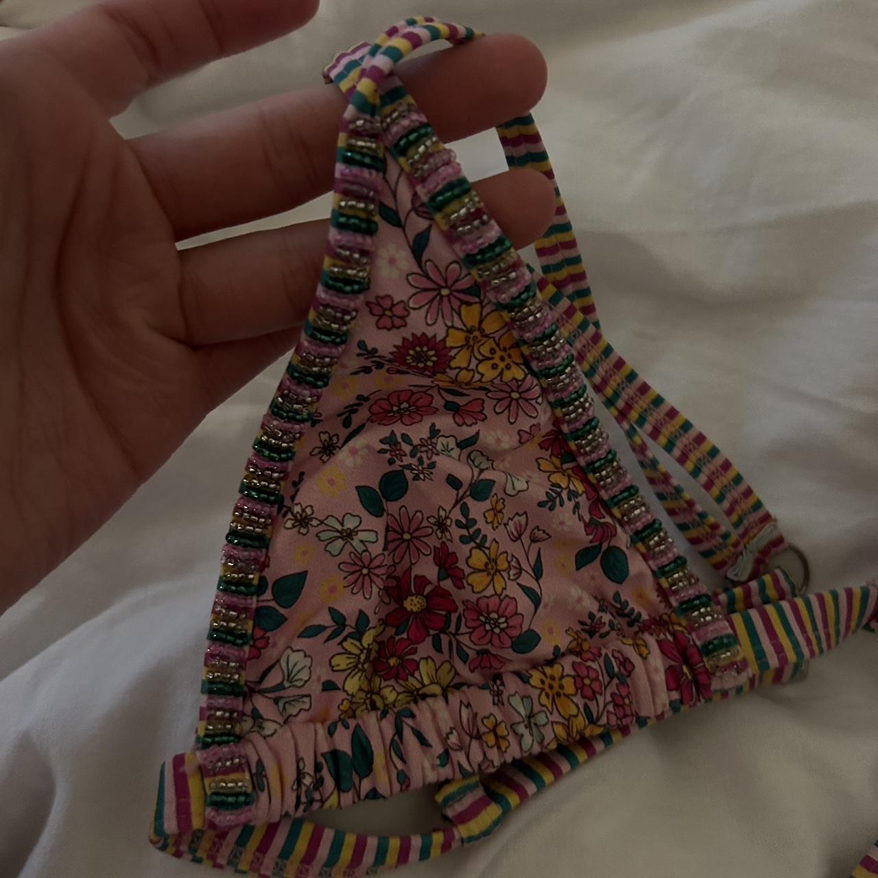 bydee pink floral print bikini with beaded... - Depop