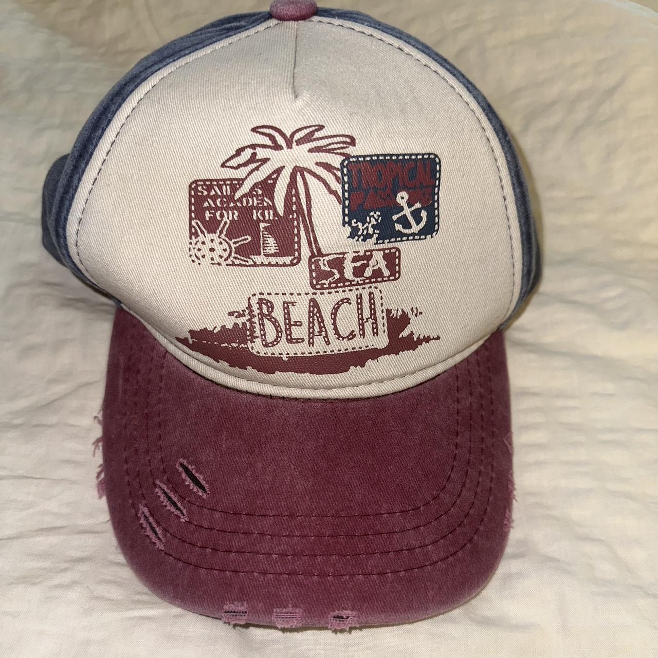 Distressed denim cap with "Beach" design in white... - Depop