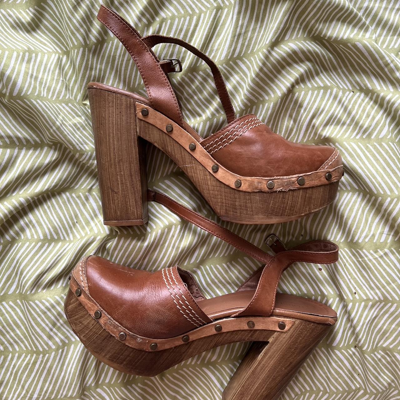 Platform clog heels Tan leather platform sandals... - Depop