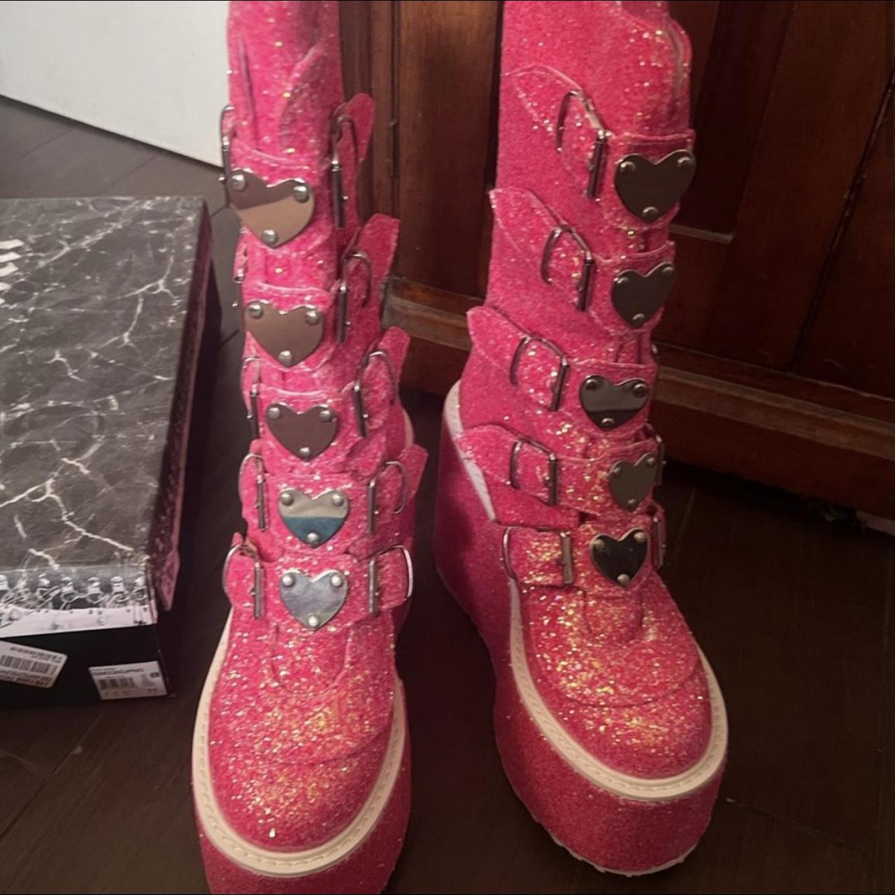 Pink platform demonias! Pink sparkly platform... - Depop