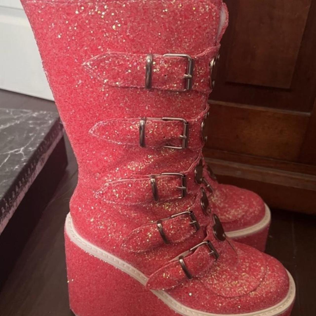 Pink platform demonias! Pink sparkly platform... - Depop