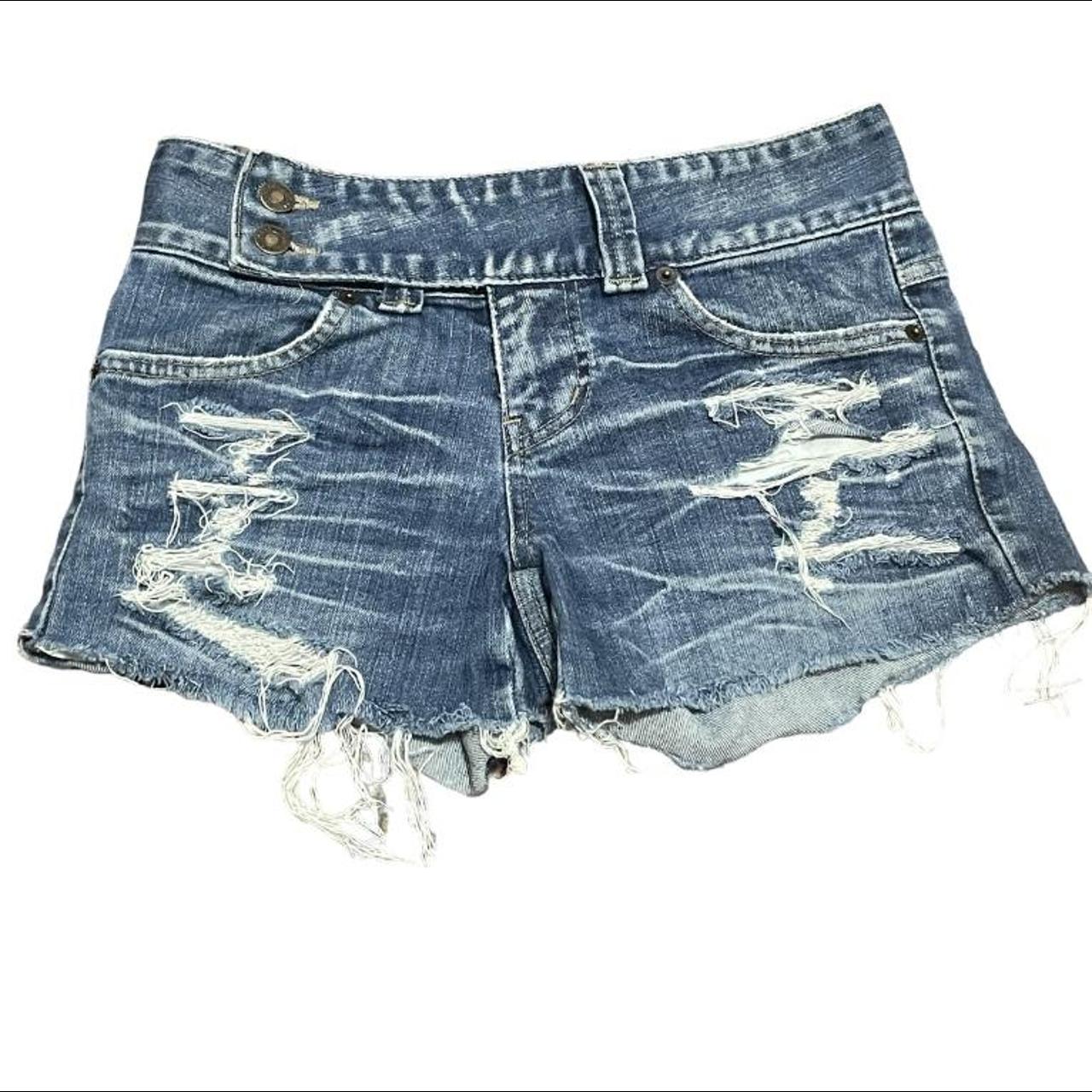 Low rise low waisted y2k 2000s ripped denim shorts... - Depop