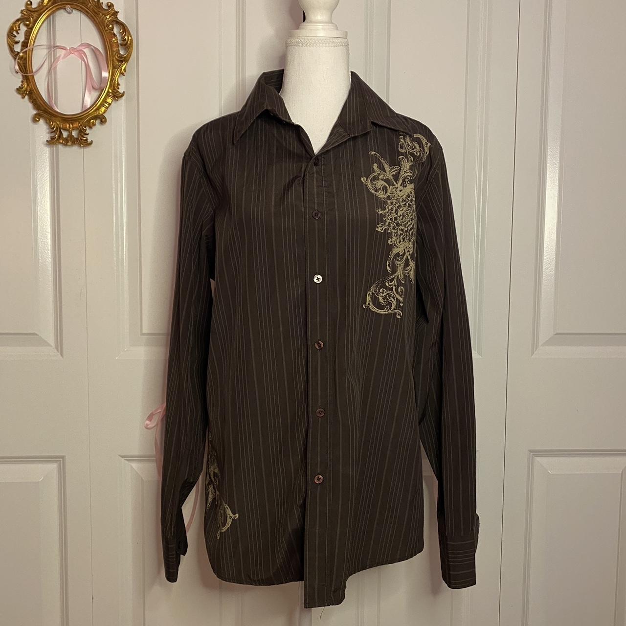 brown striped button down shirt ♡ gold embroidery... - Depop